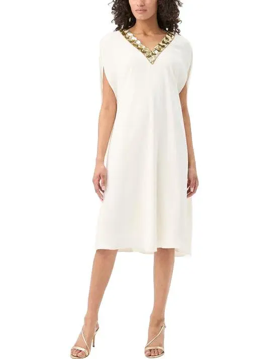 Trina Turk Masquerade 3 Embellished Cape Sleeve Dress - Winter White
