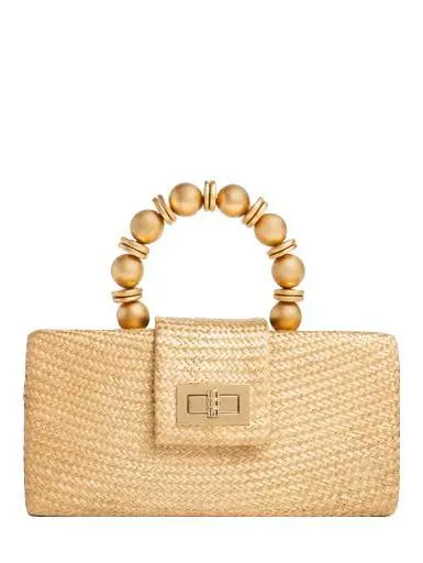 SOLI & SUN Woven Straw Clutch With Wooden Bead Handle - Gold