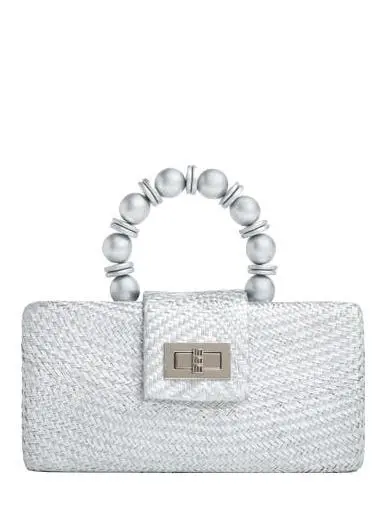 SOLI & SUN Woven Straw Clutch With Wooden Bead Handle - Silver
