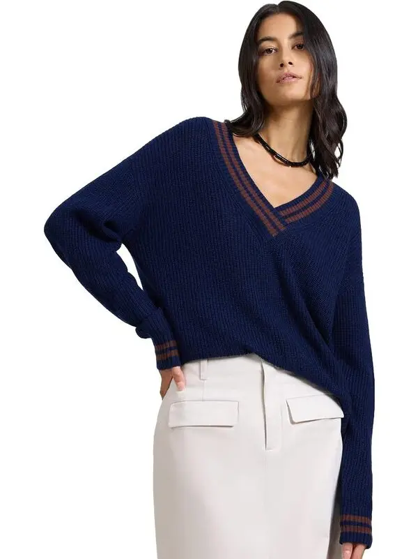 Onia Deep V-neck Varsity Pullover Sweater - Noir Navy/chestnut