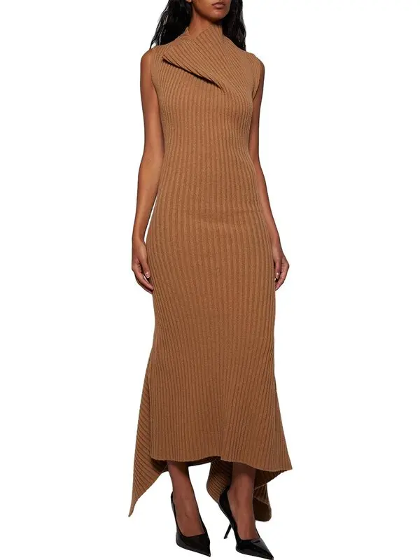 Victoria Beckham Draped Sleeveless Ribbed Knit Dress - Beige