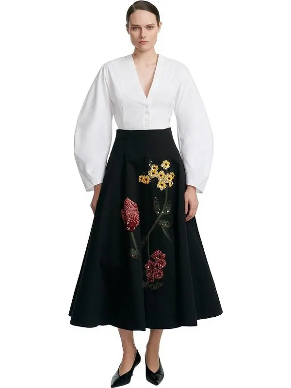 Lela Rose Floral Embroidery Parker Skirt - Black
