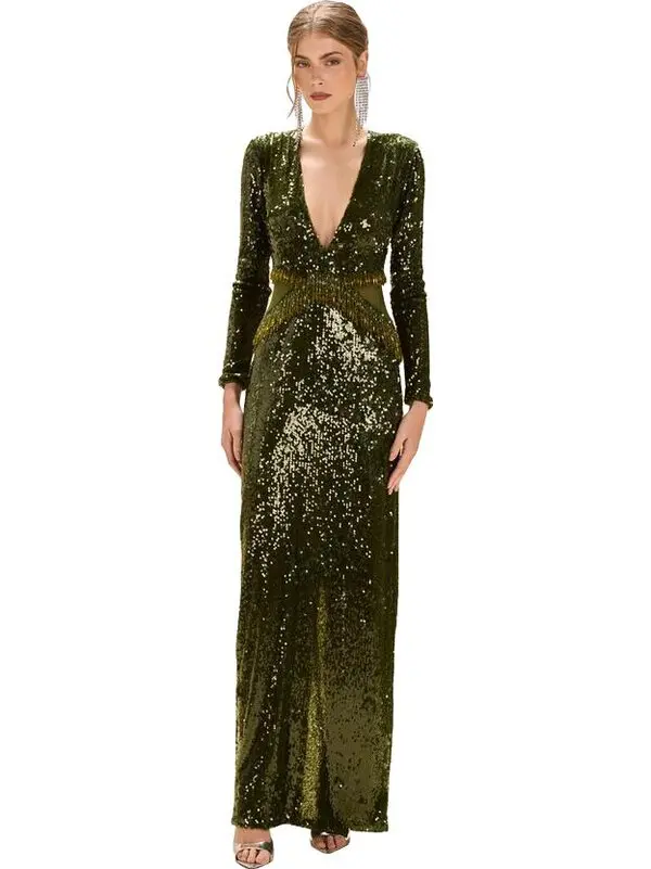 PatBO Sequin Gown With Plunge Neckline And Open Back - Green