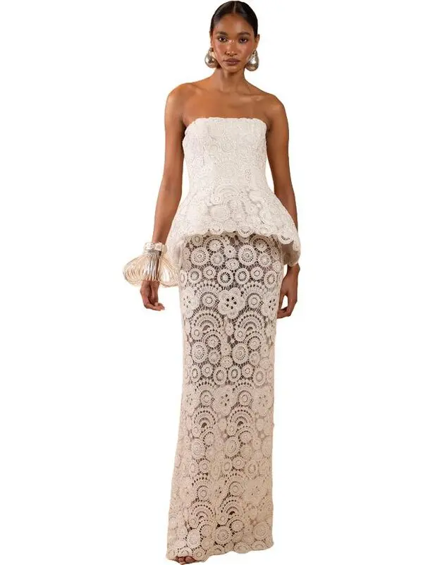 PatBO Embellished Crochet Lace Peplum Maxi Dress - White