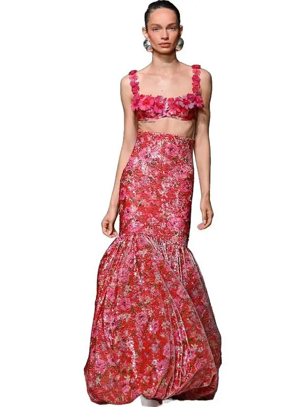 PatBO Peony Sequin Printed Maxi Skirt - Red