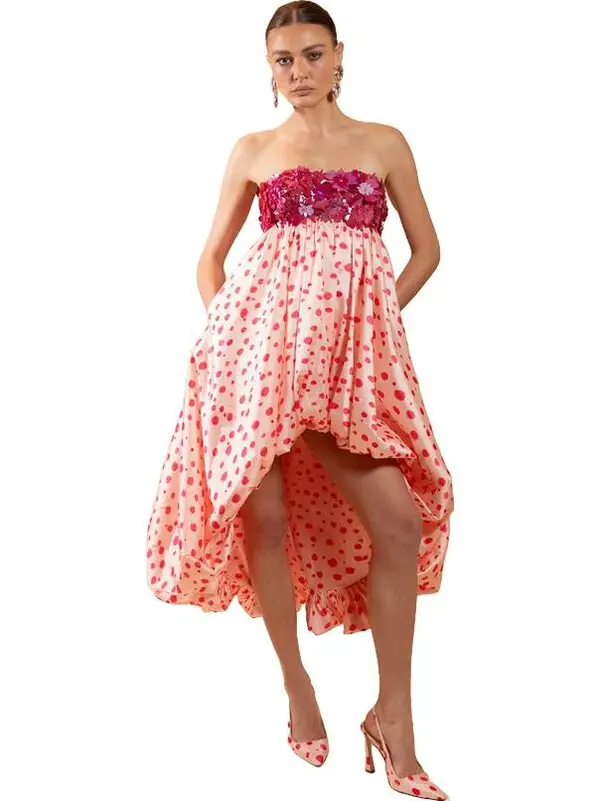 PatBO Strapless Embellished Polka Dot Midi Dress - Pink