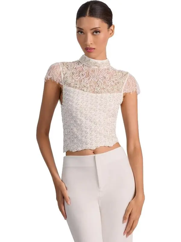 Alice + Olivia Pria Embellished Lace Top - White