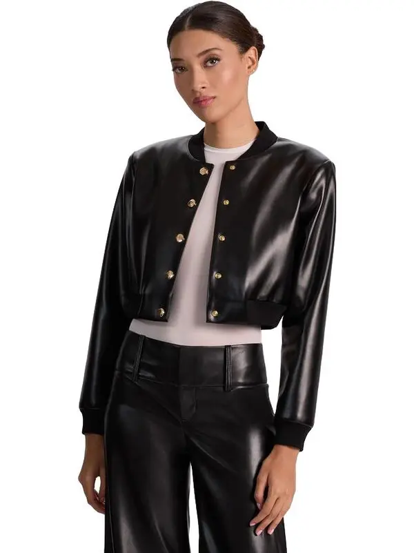 Alice + Olivia Barton Vegan Leather Bomber Jacket - Black