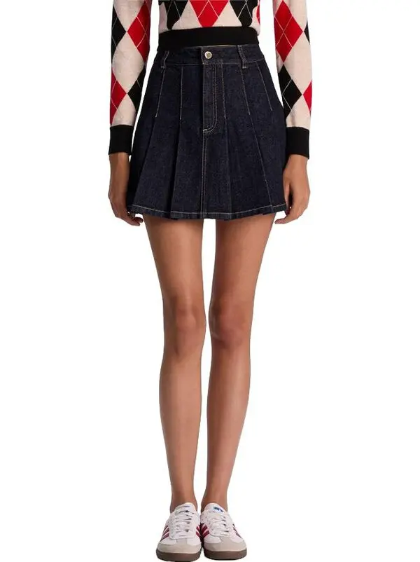 Alice + Olivia Suzie Denim Pleated Mini Skirt - Denim / Navy