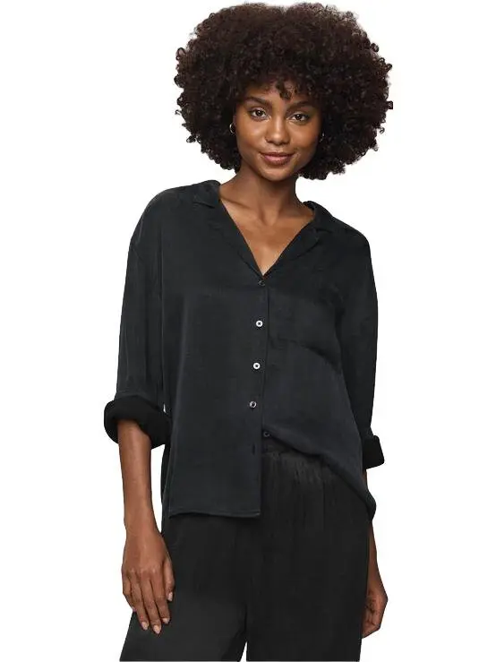 Splendid Serena Satin Button Down - Black