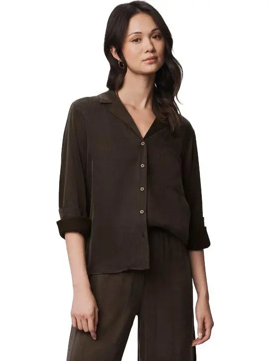 Splendid Serena Satin Button Down - Chocolate