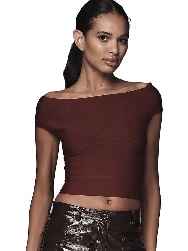 Anthropologie Off-the-shoulder Bandage Cropped Sweater - Burgundy