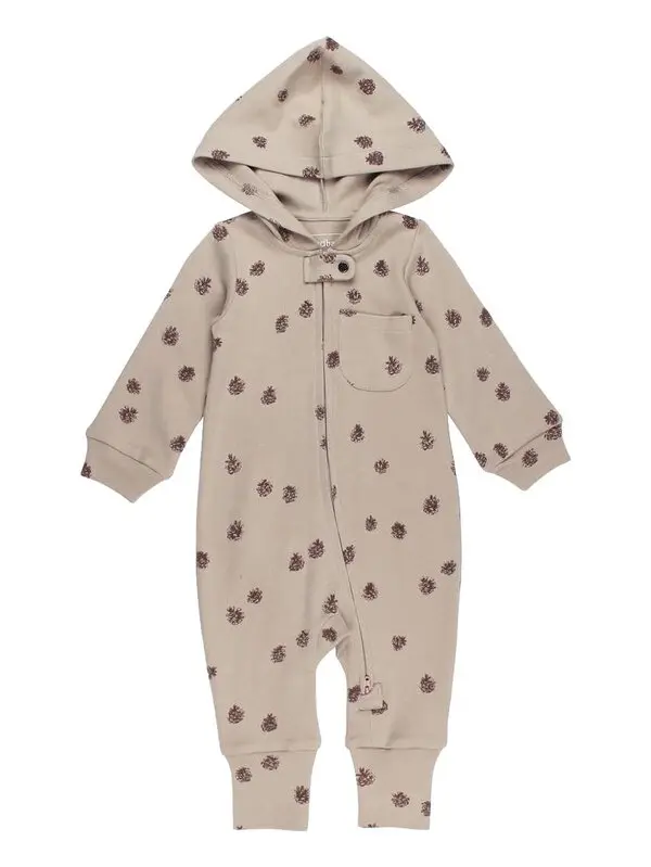 L'OVEDBABY Printed Organic Cotton Hooded Romper - Oatmeal Pinecone