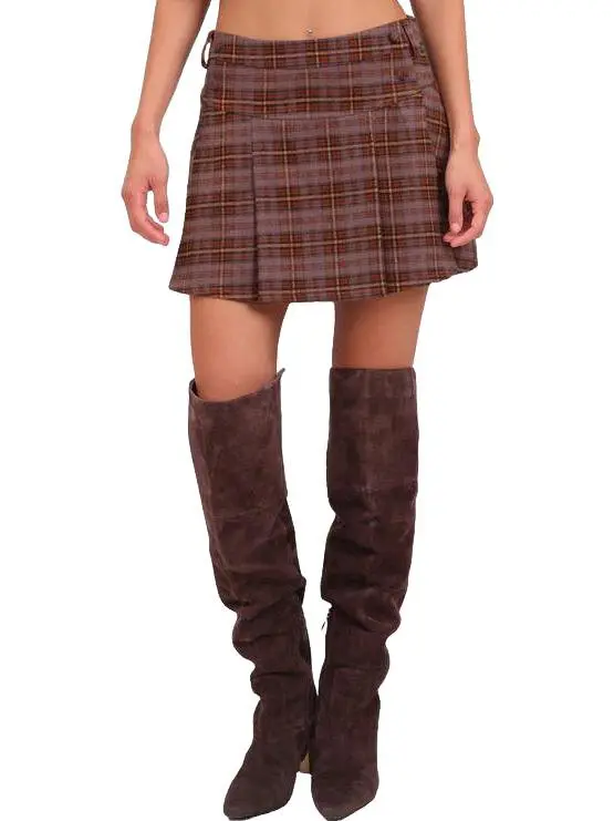 Avec Les Filles Plaid Pleated Mini Skirt - Maroon Plaid