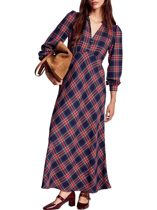 Boden Long Sleeve Maxi Dress - Navy Green And Red Check