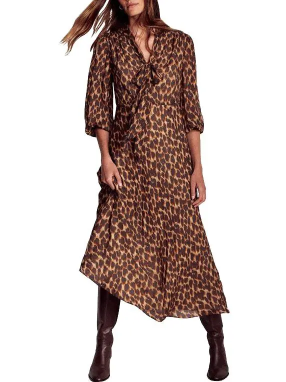 Boden Leopard Print Tie Neck Midi Dress - Sand Abstract Leopard Spot