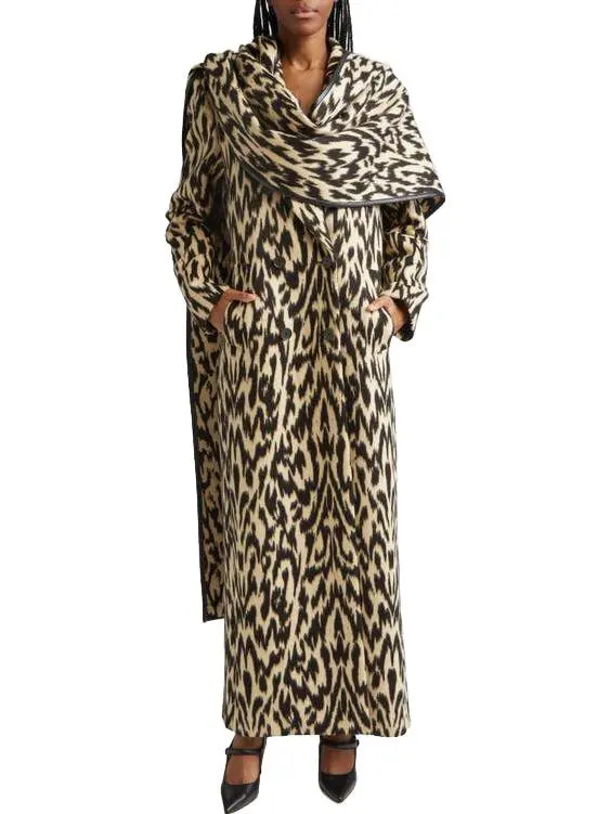 Brandon Maxwell The Demi Double-breasted Virgin Wool Coat With Scarf - Abstract Leopard