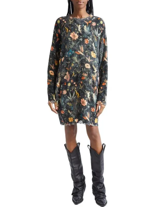 R13 Floral Distressed Sweater Dress - Floral With Angels Black