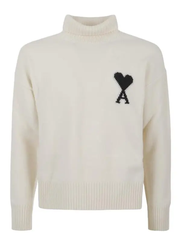 Ami Funnel Neck Sweater - Off White/black