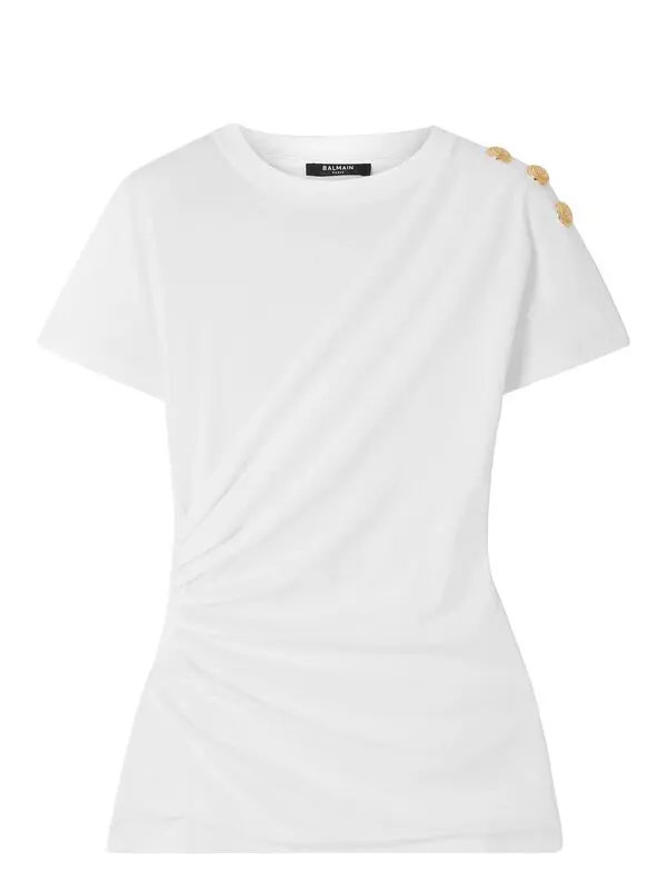 Balmain Button-embellished Draped Printed T-shirt - White