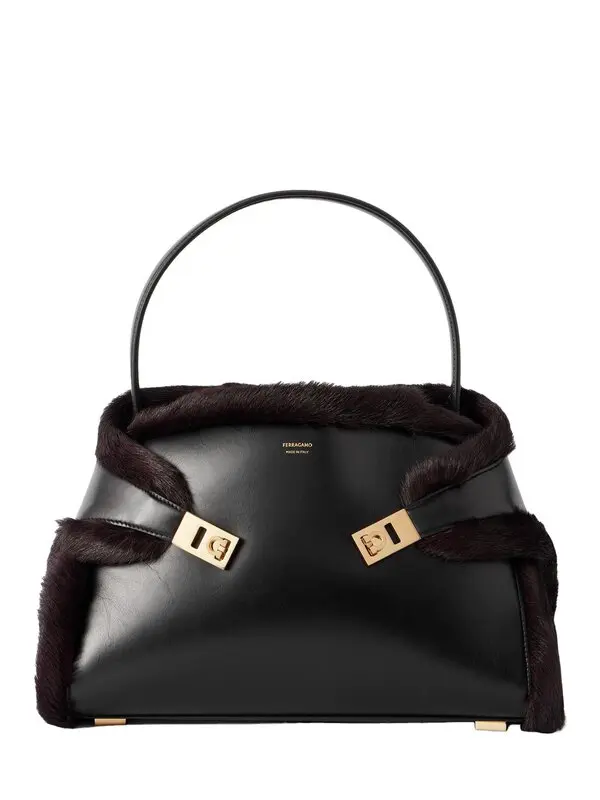 FERRAGAMO - Hug Shearling-Trimmed Leather Shoulder Bag