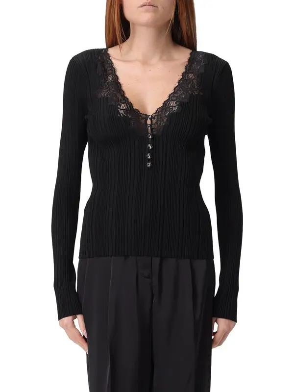SELF-PORTRAIT Ribbed Lace Trim Top - Black