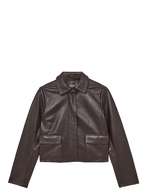 REISS Drew Classic-collar Leather Jacket - Chocolate Brown