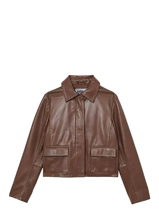 REISS Drew Classic-collar Leather Jacket - Mocha Brown