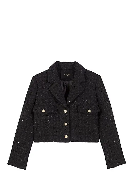 Maje Sequin-embellished Cropped Tweed Jacket - Black