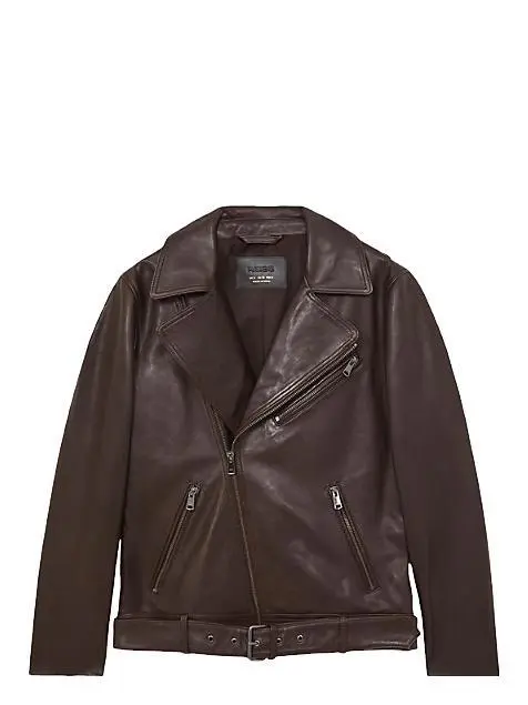 REISS Clint Notched-lapel Leather Biker Jacket - Chocolate Brown