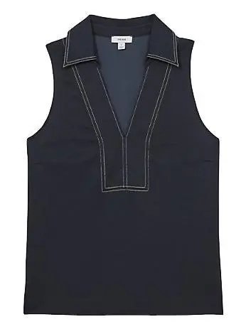 REISS Woven Collared Sleeveless Top - Navy Ivory