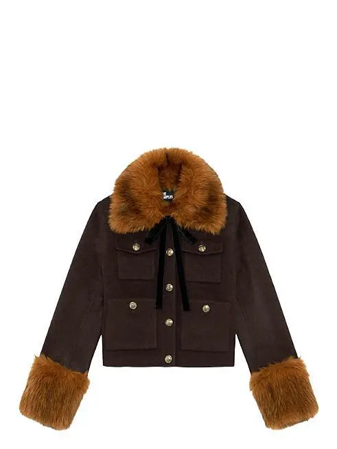 The Kooples Faux-fur Trimmed Wool-blend Jacket - Chocolate