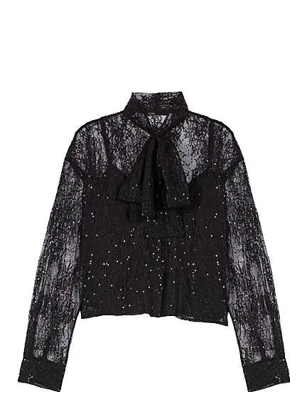 Maje Sequin-embellished Lace Shirt With Pussy Bow - Black