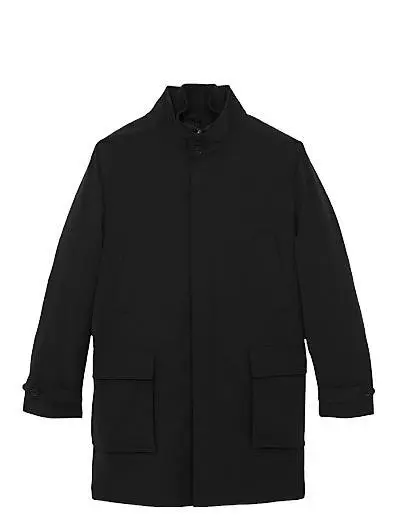 REISS Woven Overcoat With Removable Funnel Neck - Black