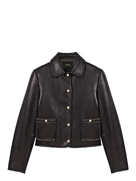 Maje Cropped Leather Jacket With Side Pockets - Black