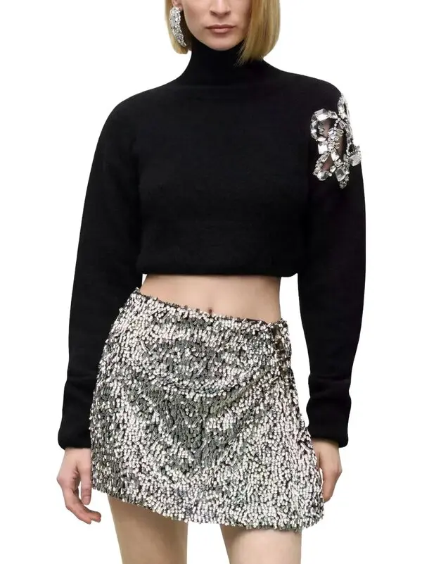 AREA Crystal-embellished Flower Turtleneck Sweater - Black