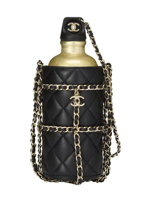 Chanel Lambskin Water Bottle Holder And Bottle - Black