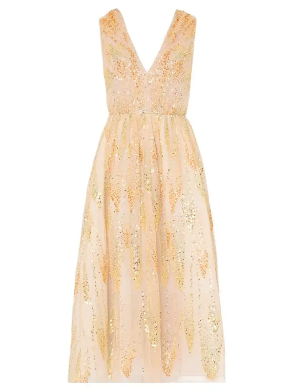 MILLY Tinsley Tulle Sequin Embroidered Midi Dress - Blush