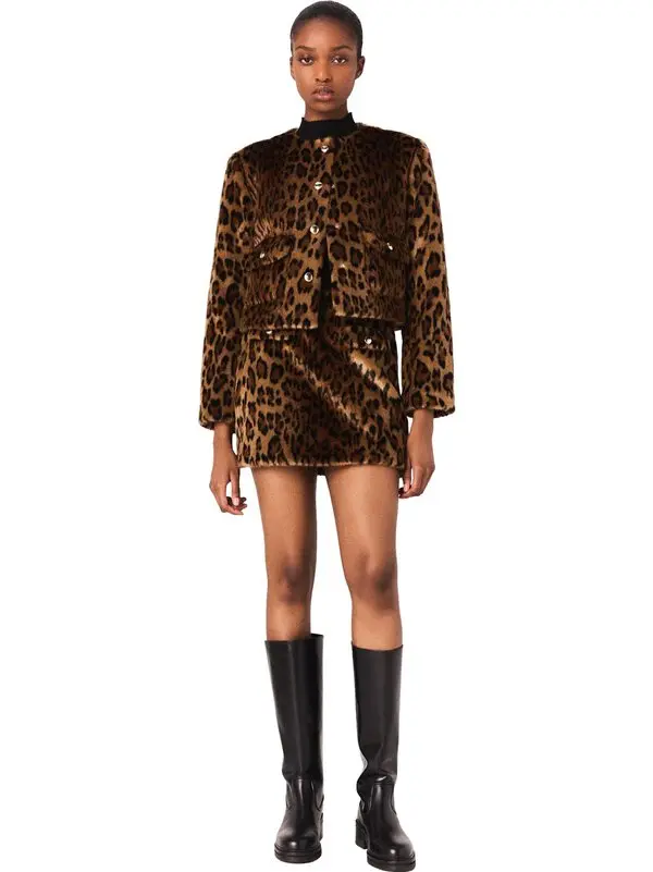 Maje Short Leopard Faux Fur Jacket - Big Leopard Print