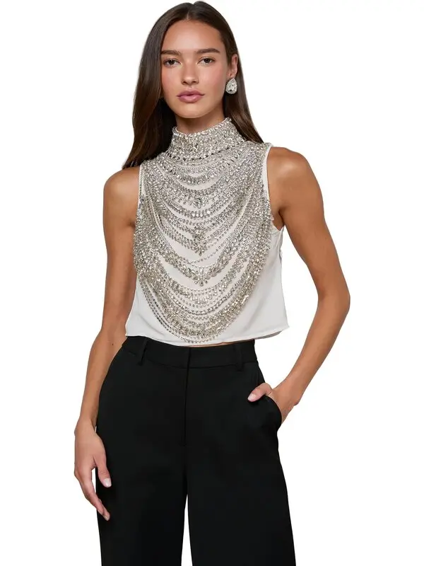 L'Agence Yun Draped Crystal Tank Top - Ivory/crystal