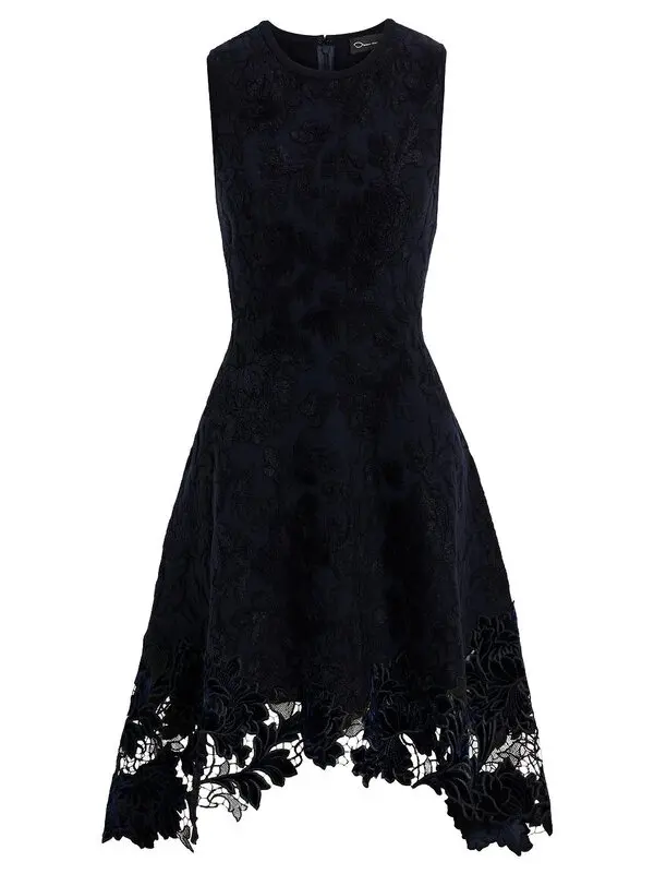 Oscar De La Renta Guipure Lace-trimmed Velvet-jacquard Dress - Midnight Blue