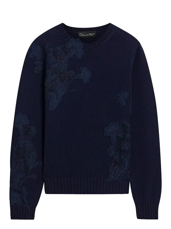 Oscar De La Renta Embroidered Cotton Sweater - Navy