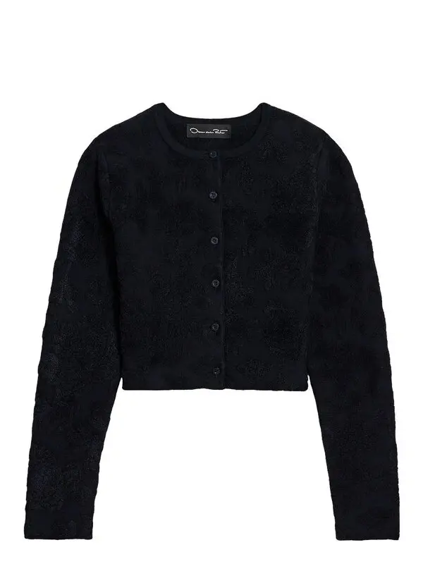 Oscar De La Renta Cropped Jacquard-knit Cardigan - Midnight Blue
