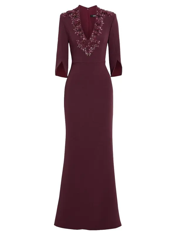 Badgley Mischka Floral-appliquéd Crepe Gown - Burgundy