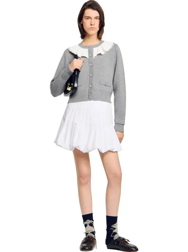 Sandro Cardigan With Contrasting Ruffled Collar - Grey