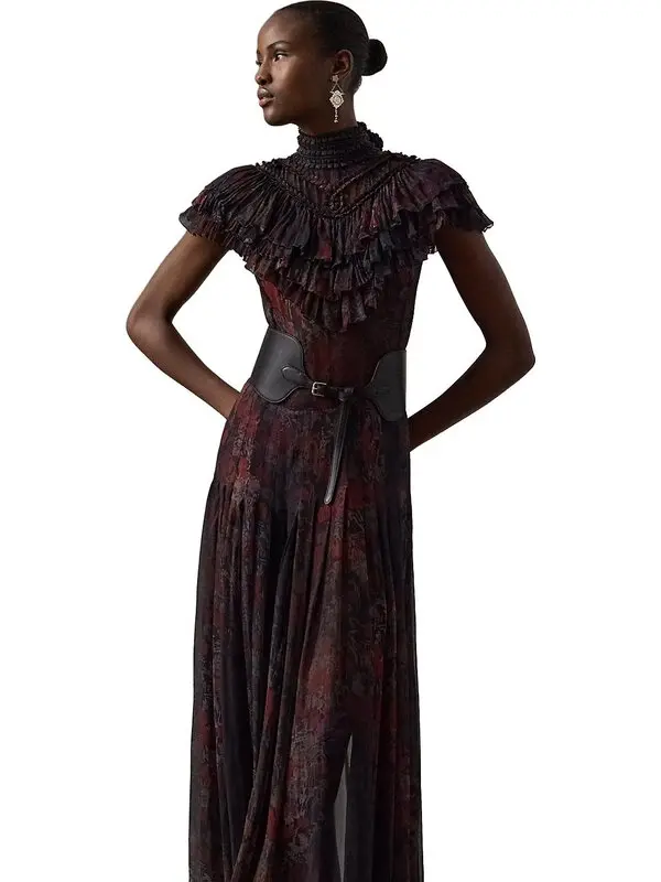Ralph Lauren Cressida Floral Chiffon Evening Gown - Black/crimson Multi