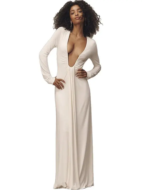 Misha Collection Jennifer Long-sleeve Plunge Cupro Maxi Dress - Ivory