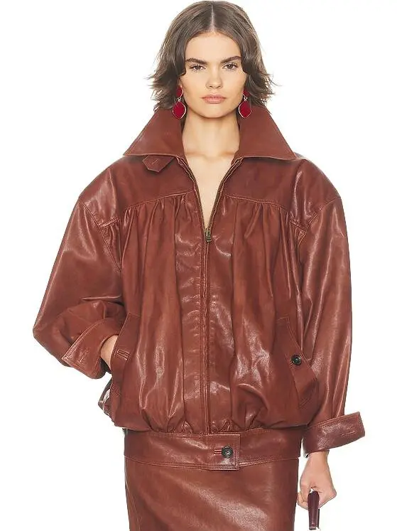 HELSA Shirred Oversized Leather Jacket - Cognac