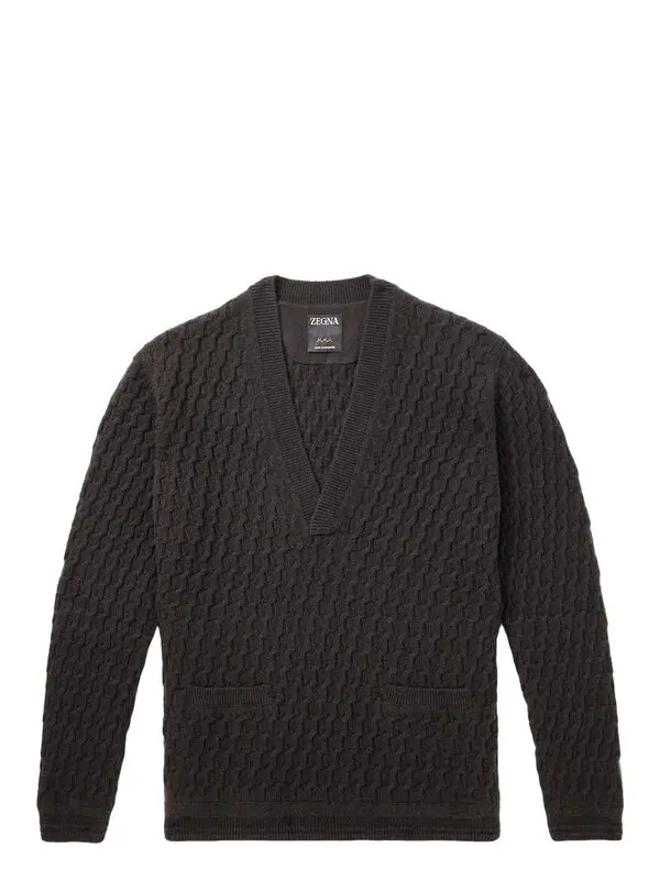 Zegna Cable-knit Oasi Cashmere V-neck Sweater - Black