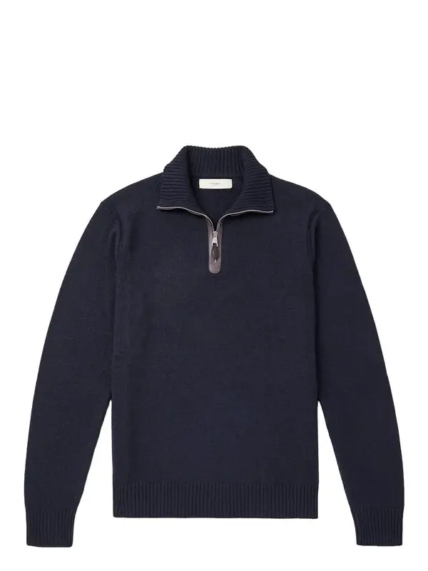 Purdey Leather-trimmed Cashmere Half-zip Sweater - Blue